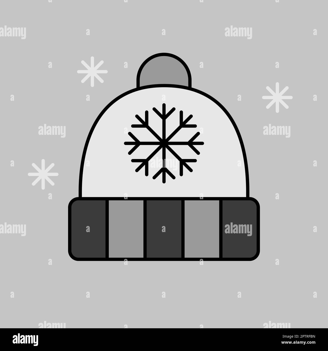 Winter hat cap with snowflake and pompom vector isolated grayscale icon ...