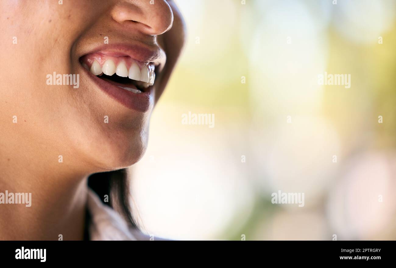 Dental, teeth or mouth with a smile in nature laughing after a ...