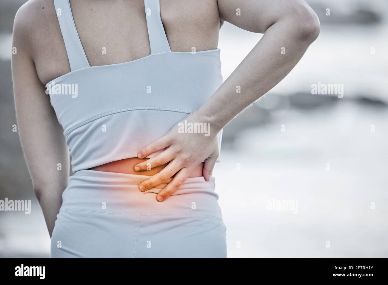 Woman, back pain and red sports injury after exercise, running or ...