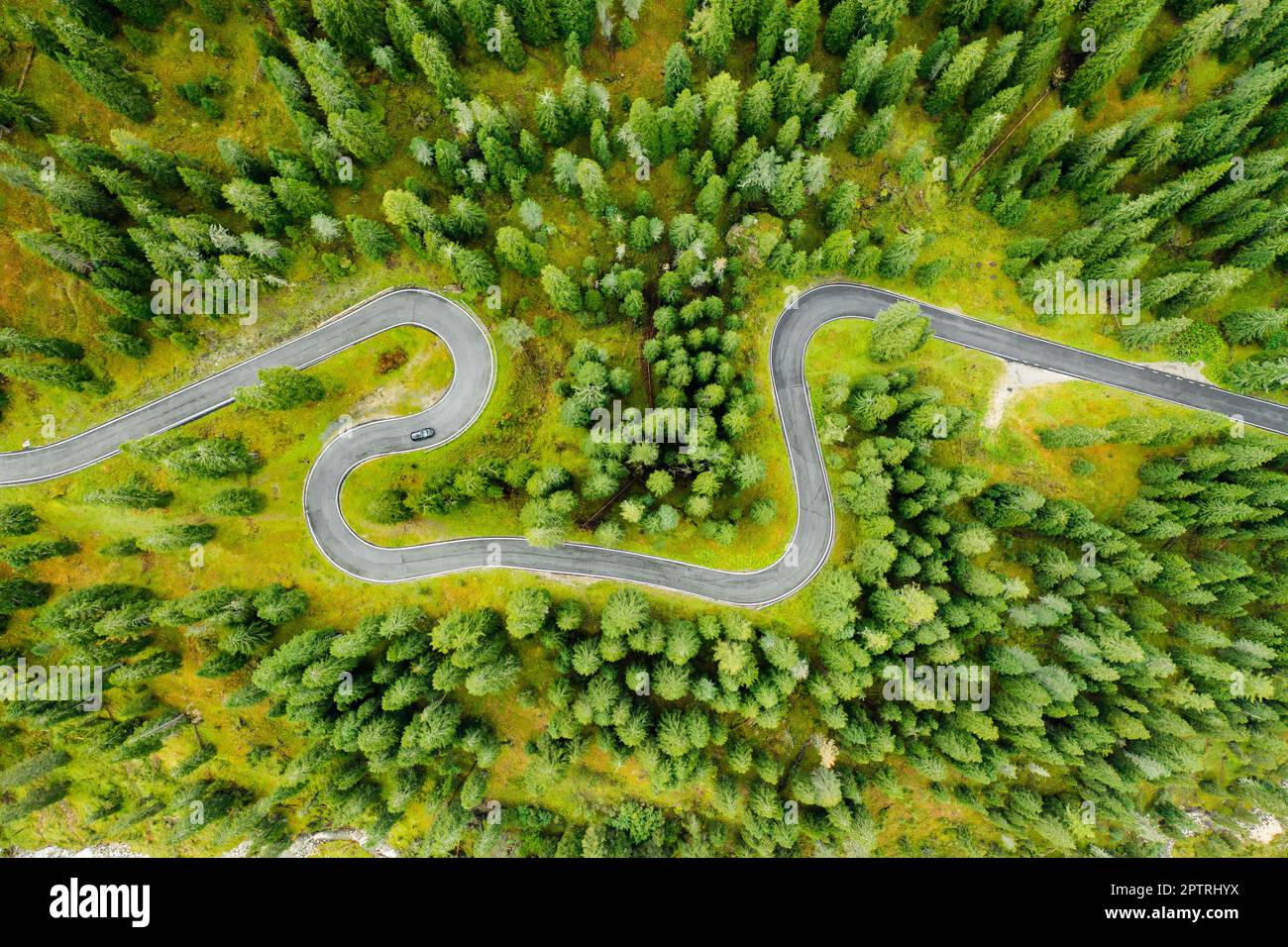 Famous Snake Road surrounded by forests and autumn meadows of Giau Pass ...