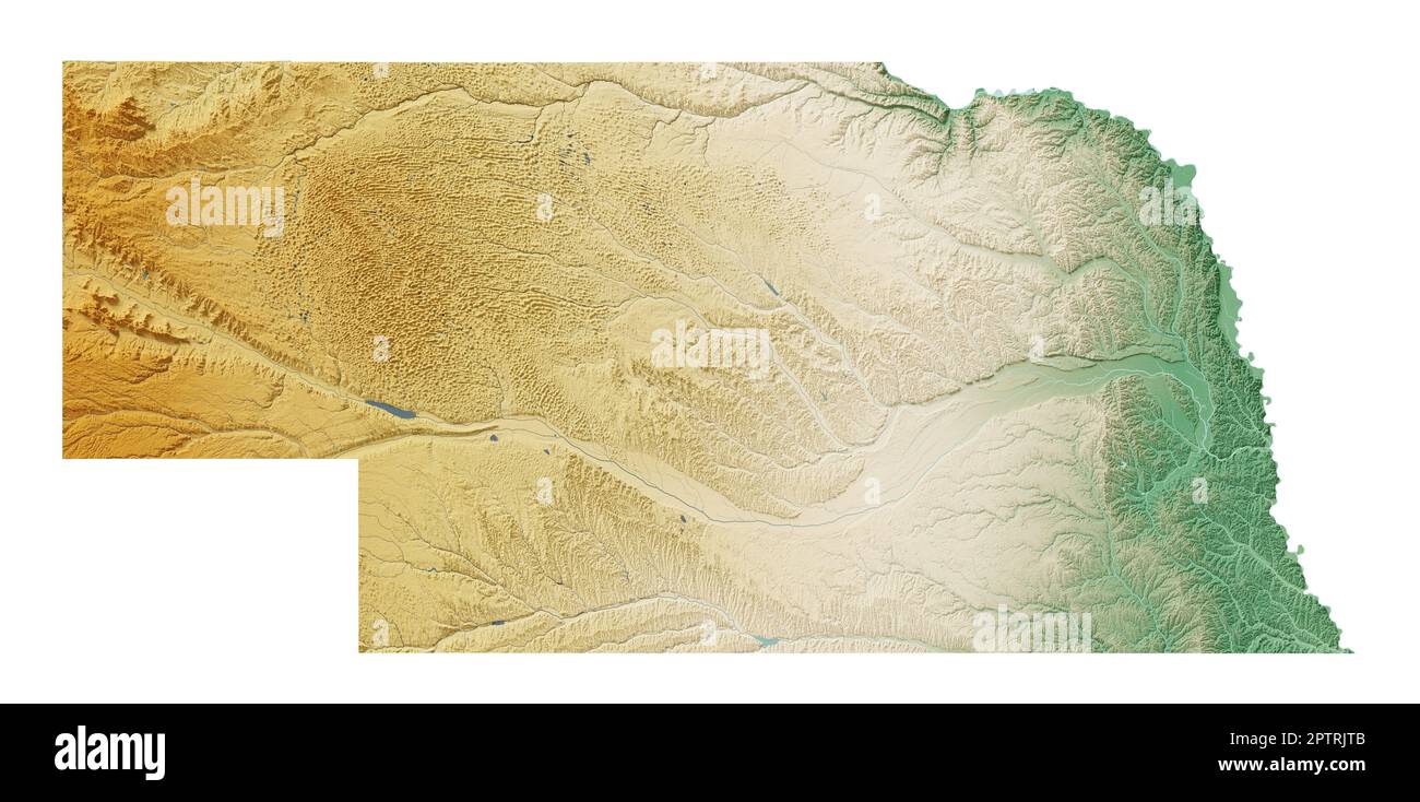 The US state of Nebraska. A highly detailed 3D rendering of a shaded ...