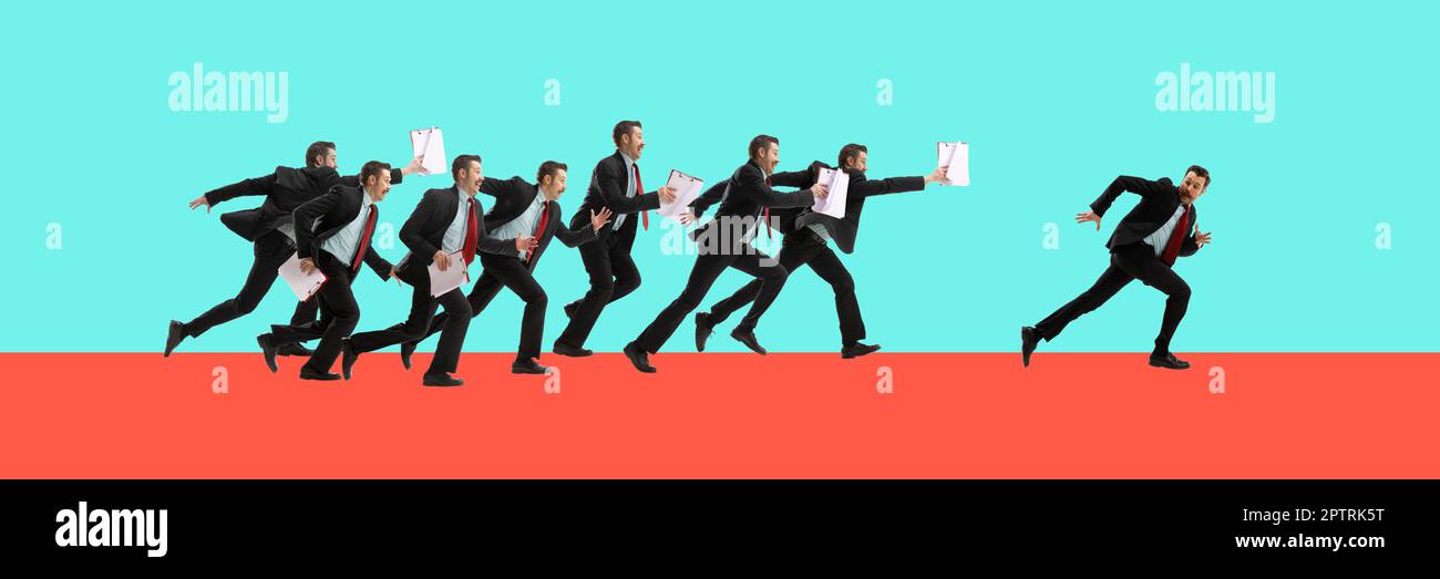 Escaping working tasks and deadlines. Group of men in formal wear ...