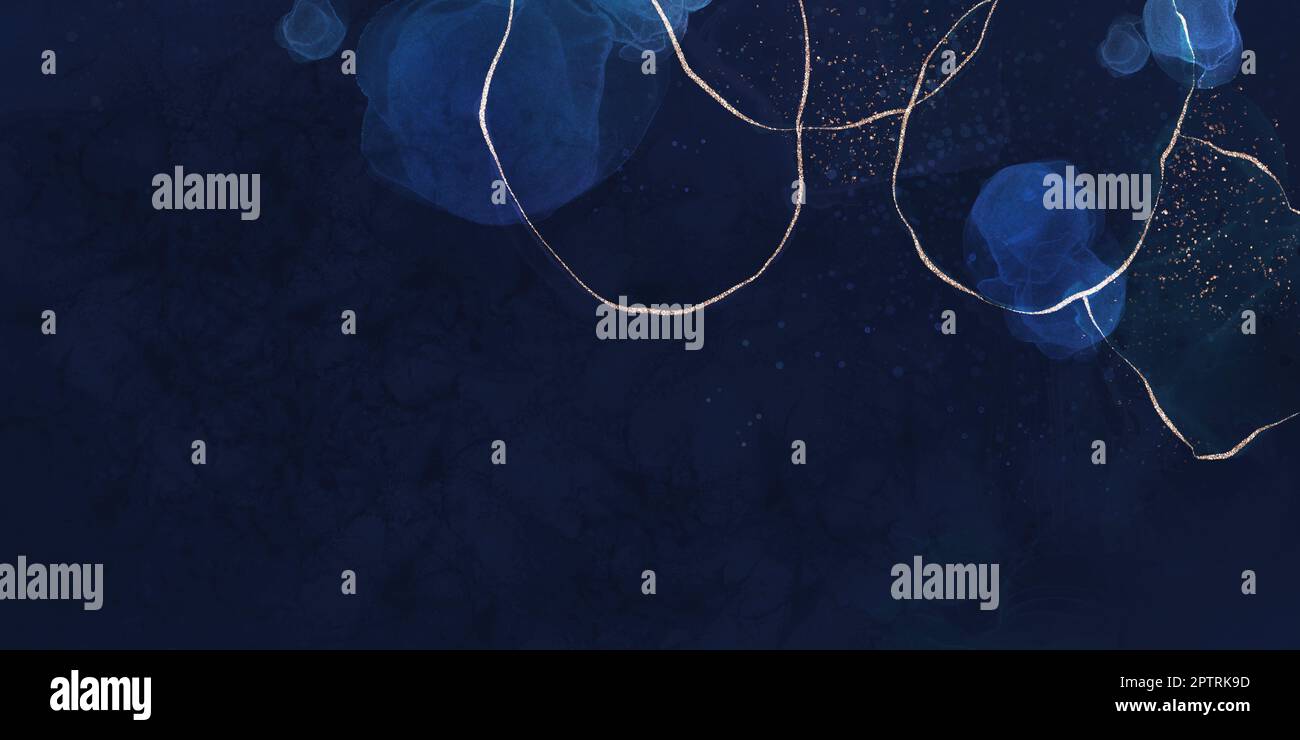 Alcohol ink art abstract banner. Gold glitter on navy background ...