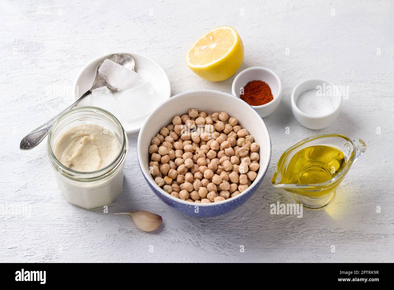 Ingredients for making Lebanese hummus: dry chickpeas, tahini sesame ...