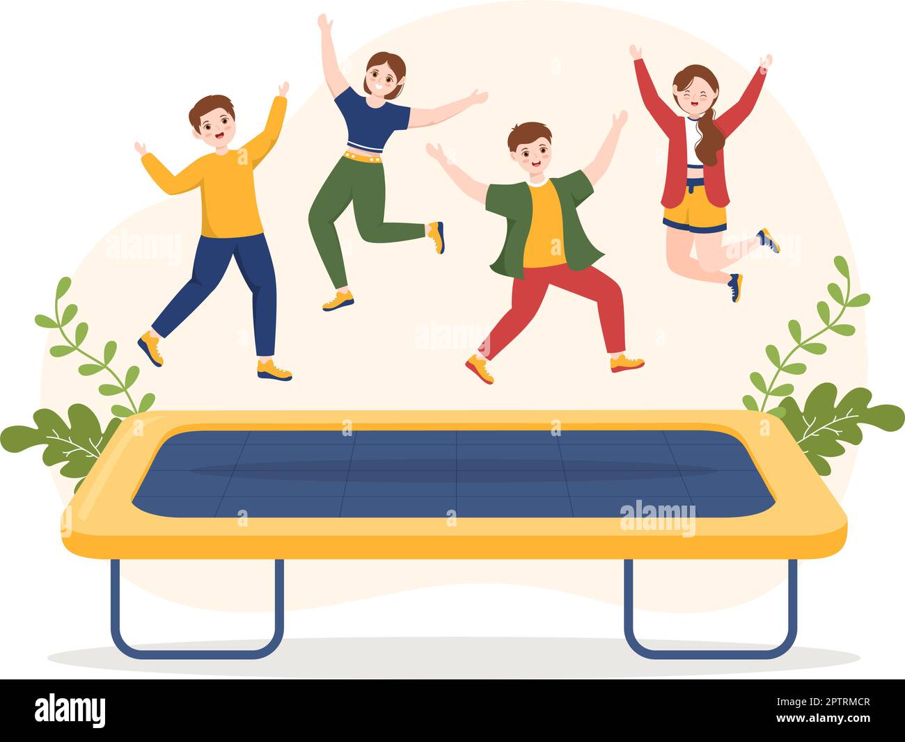 Trampoline Illustration with Youth Jumping On a Trampolines in Hand ...