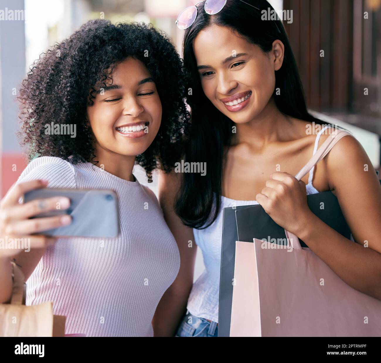 Women City Shopping And Phone Selfie Social Media Post And Customer Satisfaction On Mobile App