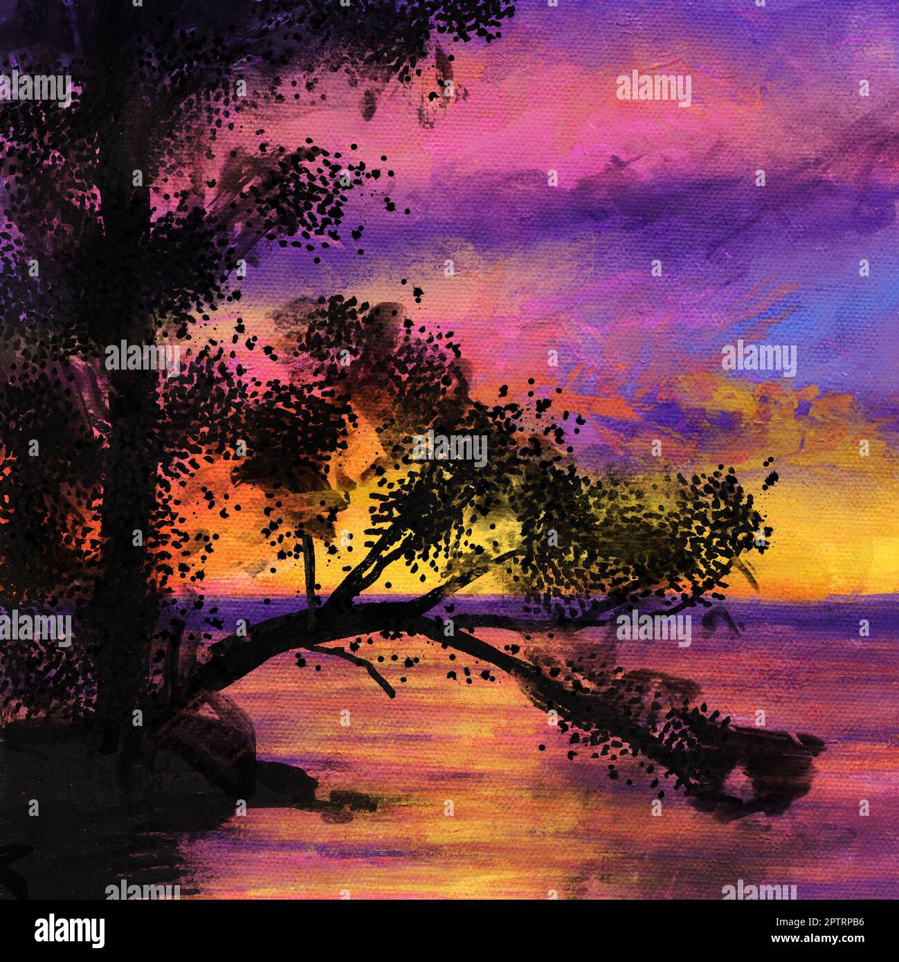 Hand drawn illustration of evenng sky sunset, sea ocean water surface ...