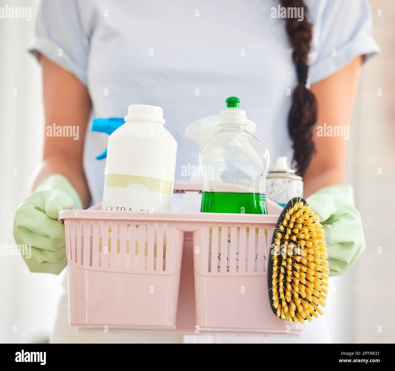 Cleaning, product and basket with hands of woman for chemicals ...
