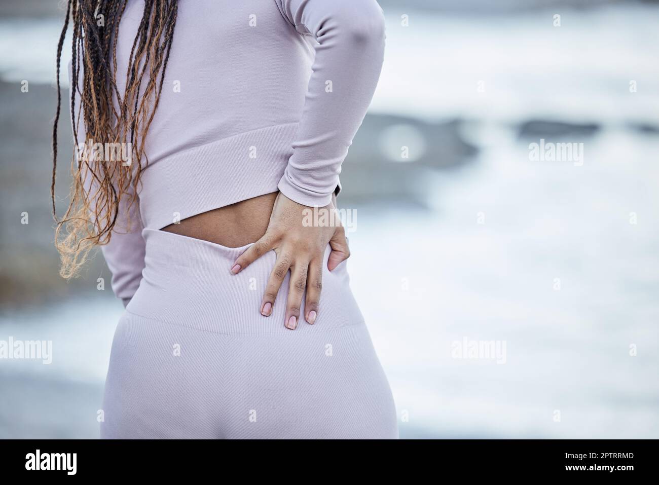 Fitness, back pain and sport injury, woman runner and exercise accident ...