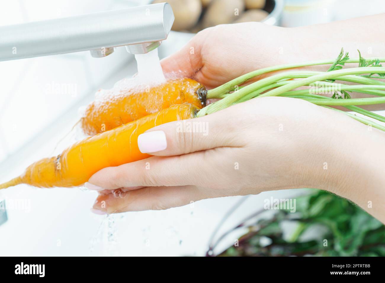 Washing fresh carrots under running hi-res stock photography and images ...