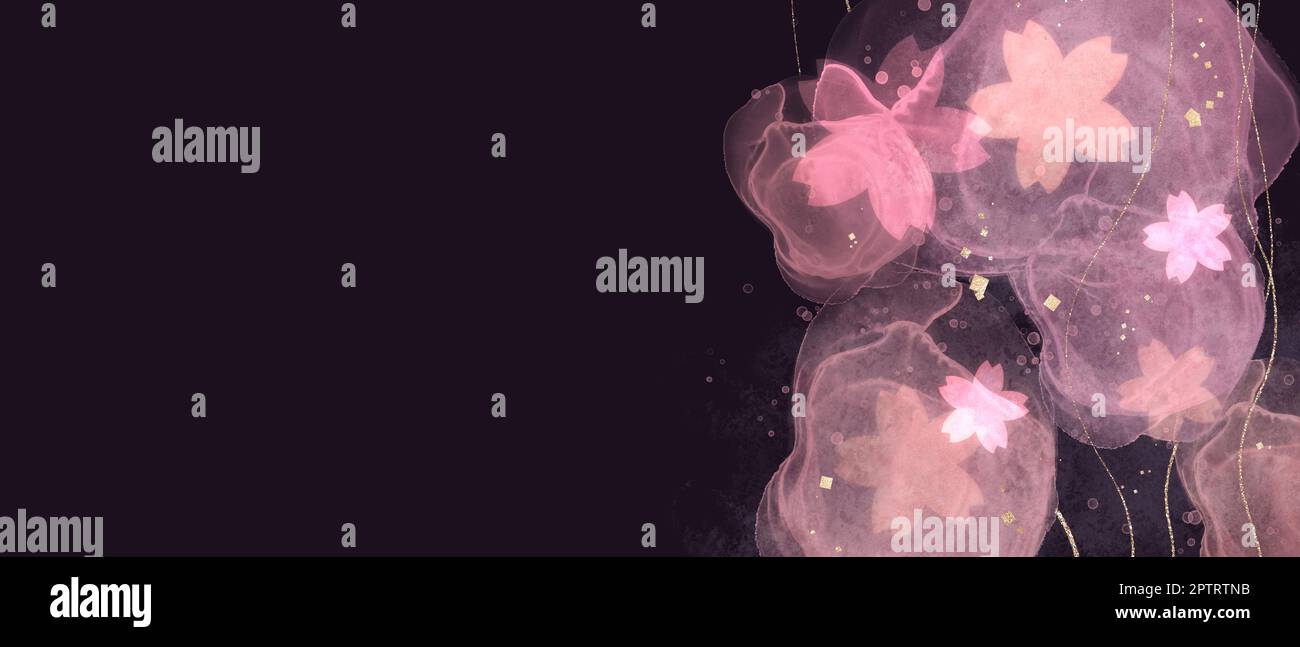 Spring Japanese style dark template. Alcohol ink waves and glowing ...