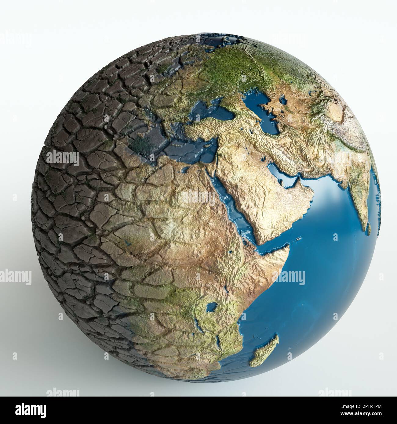 transition from healthy to parched earth - climate change concept -- 3D ...