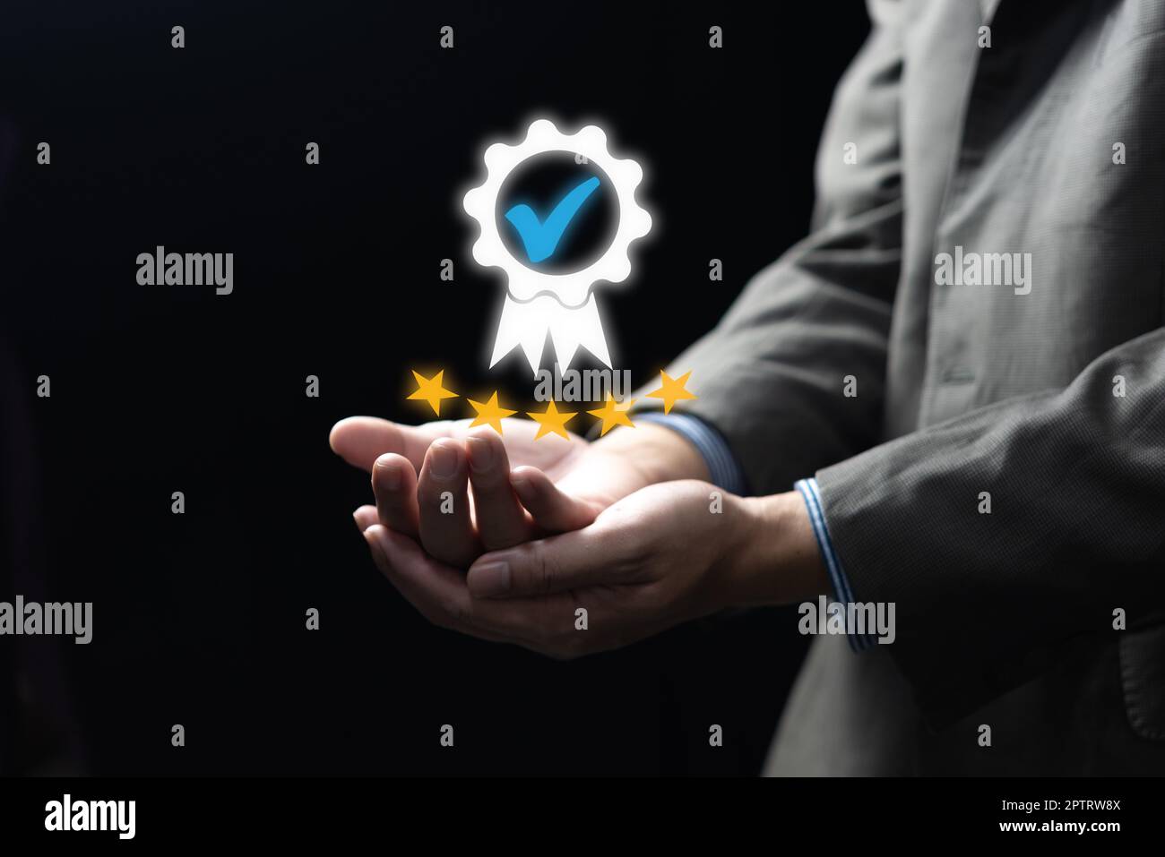 Hand shows the sign of the top service Quality assurance best 5 star ...