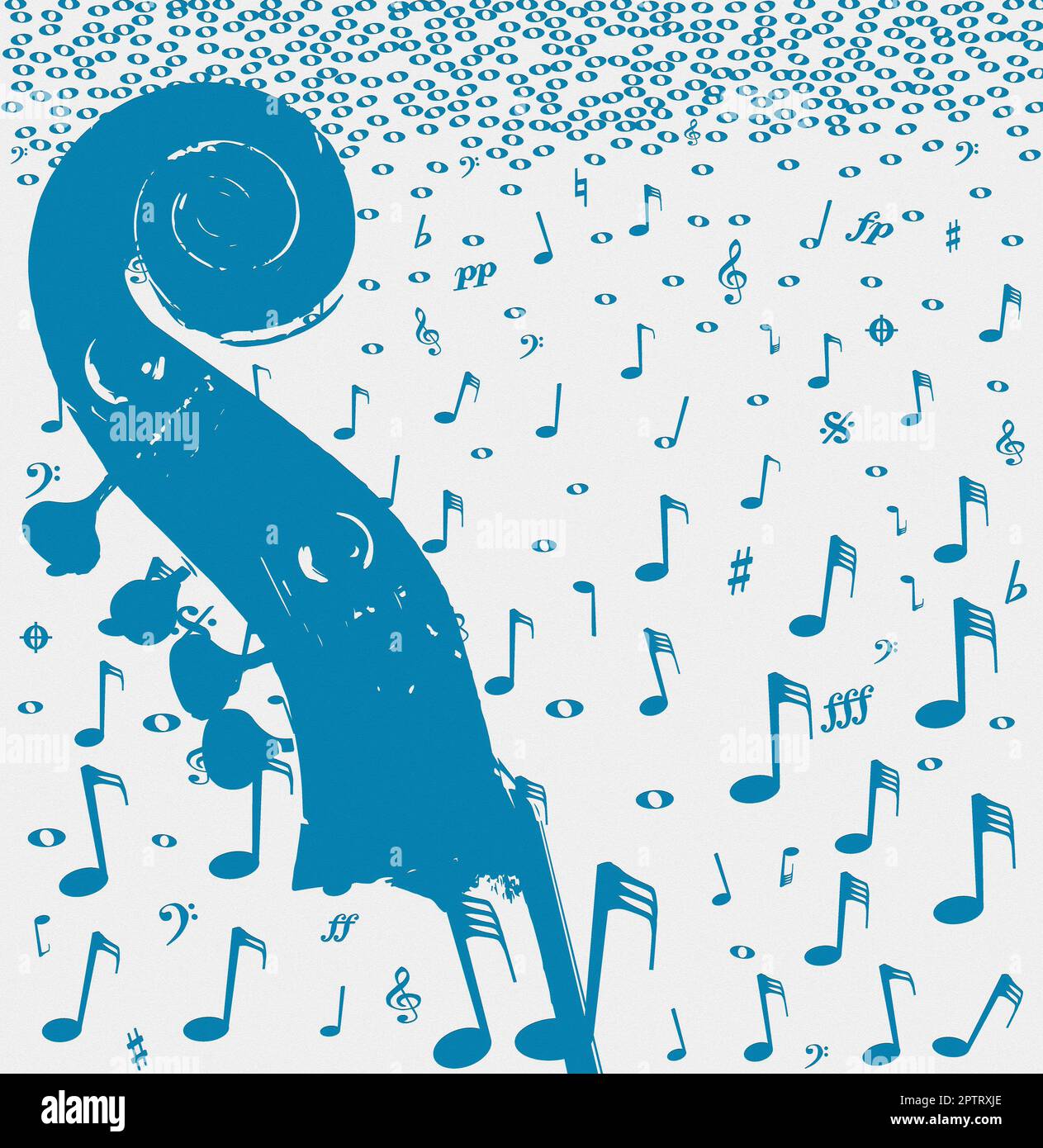 Doub;e bass headstock and pegs over a blue music notation poster ...