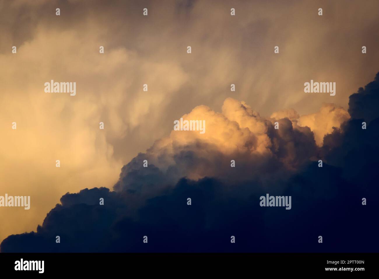Dark, dramatic nimbus clouds at sunset, lit by the last rays of ...