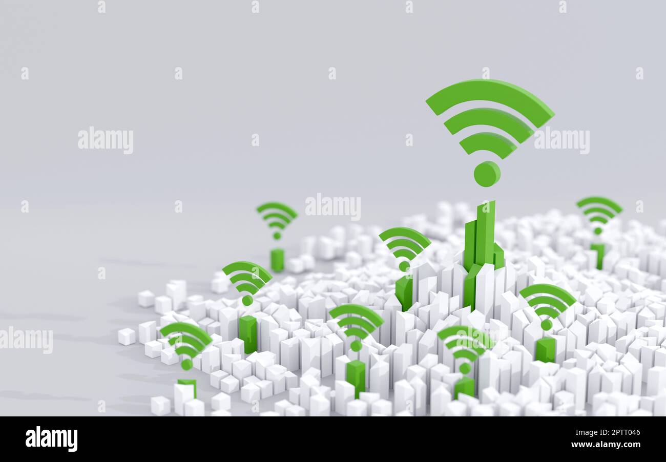 Wireless connectivity in urban environment. Modern, smart city concept ...