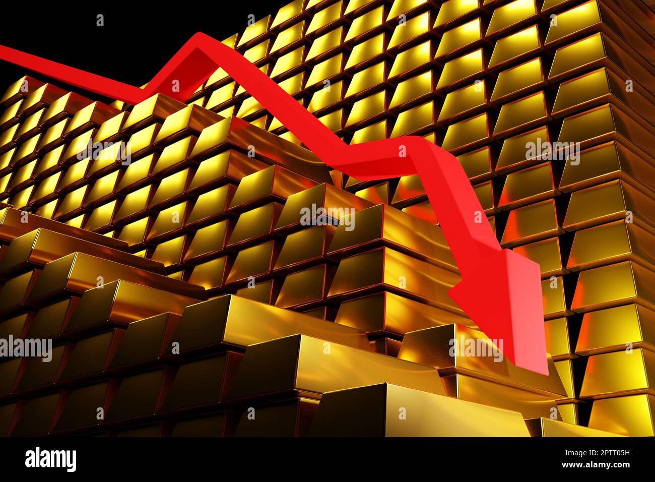 Gold prices falling in a bearish market. Red arrow going down over gold ...
