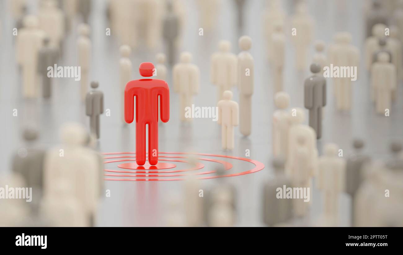 Infected person amid a large crowd in a public space. Digital 3D render ...