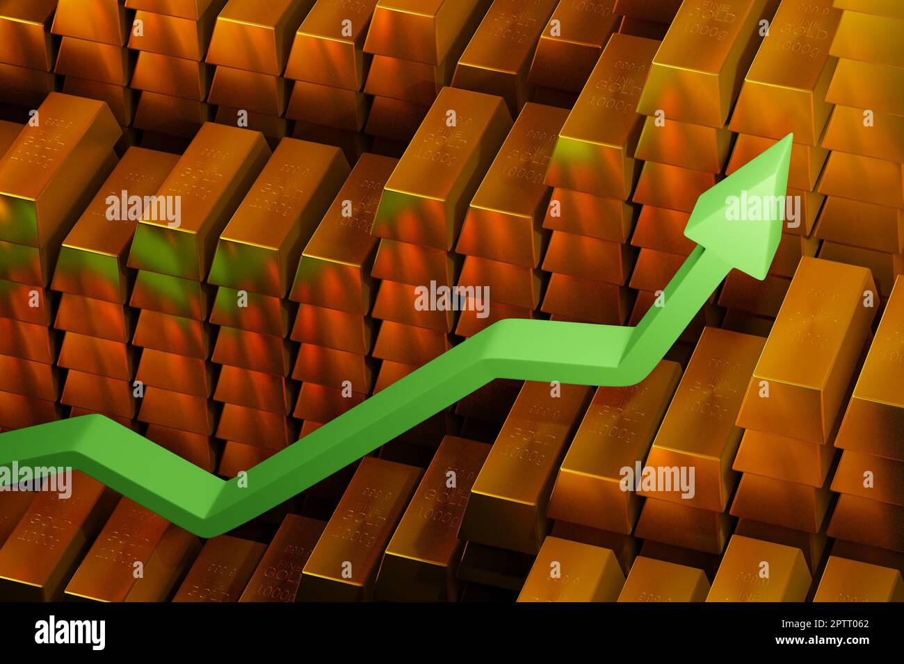 Gold prices soaring in a bullish market. Green arrow going up over gold ...