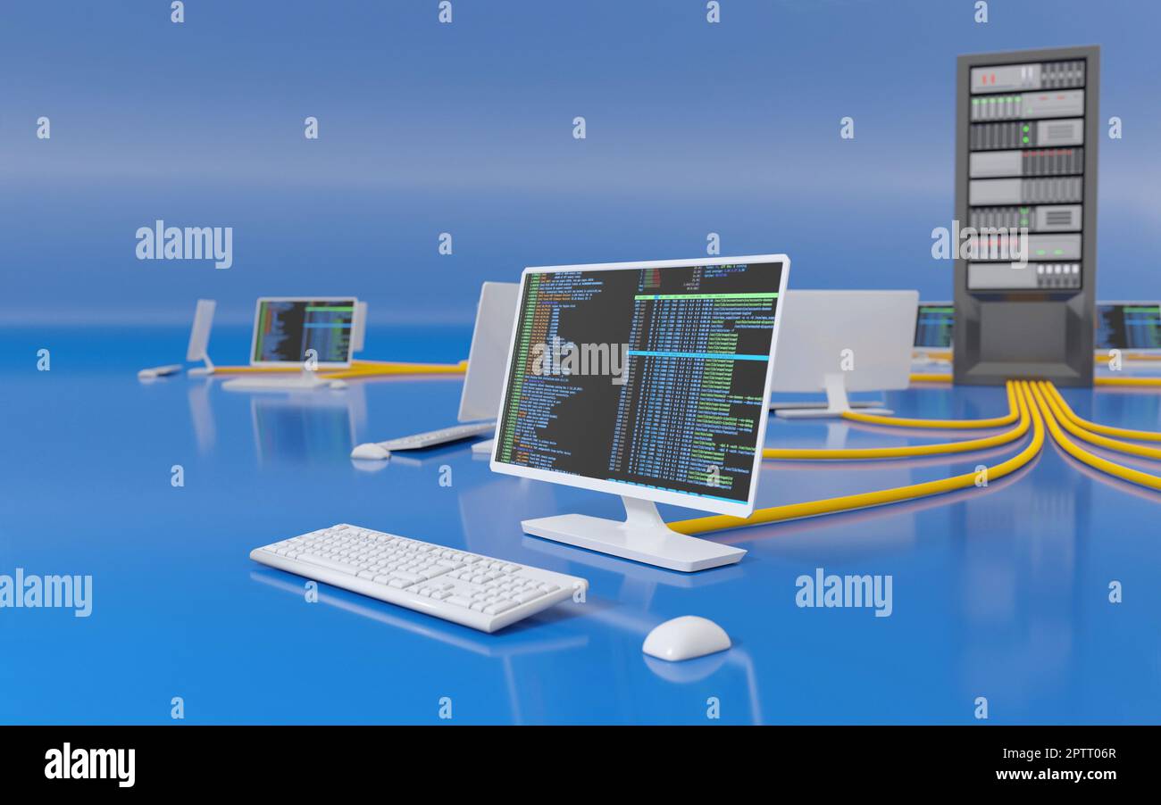 Server workstation, desktop computer and server infrastructure on blue ...