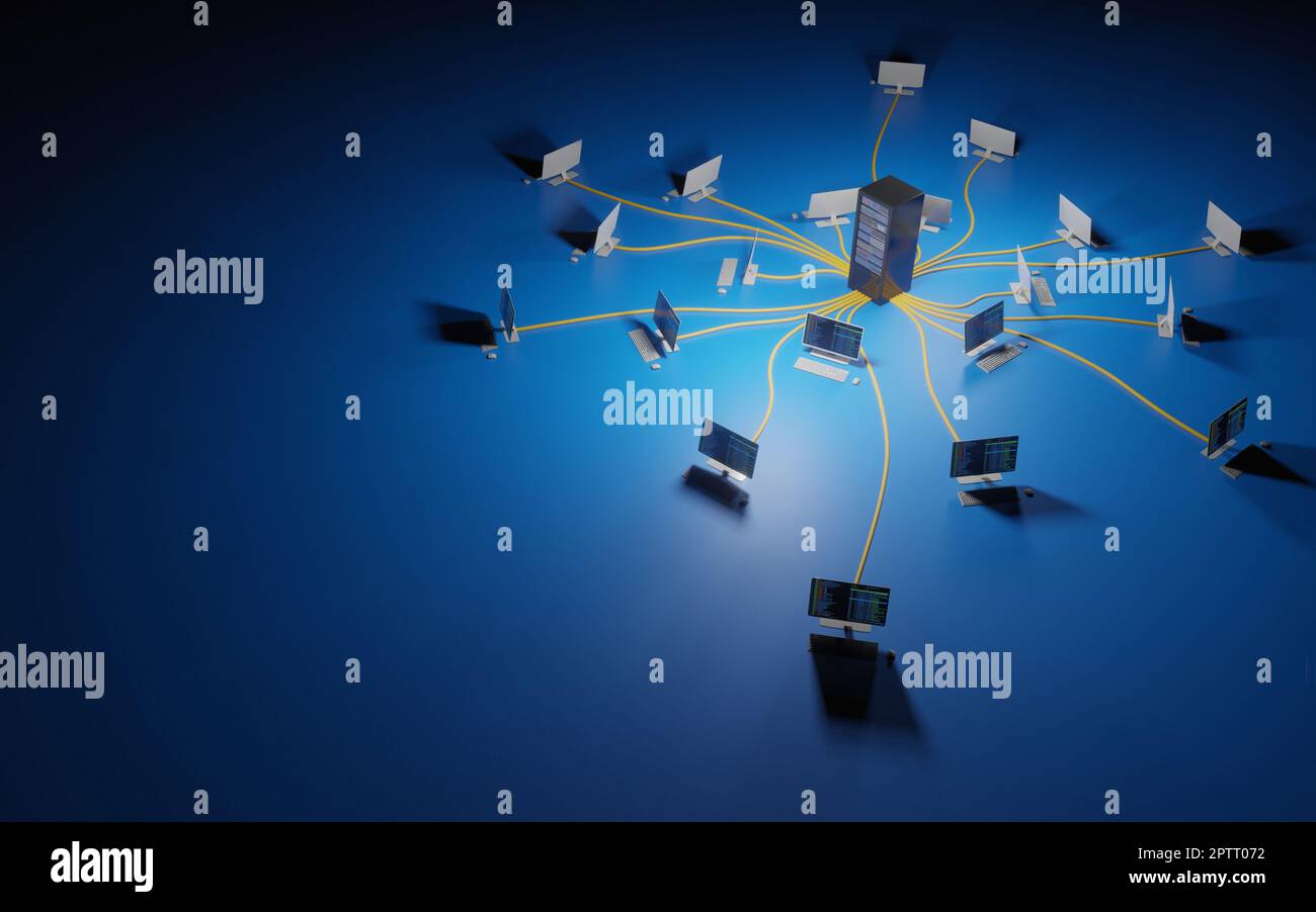 Network infrastructure, desktop computer workstations connected to data ...