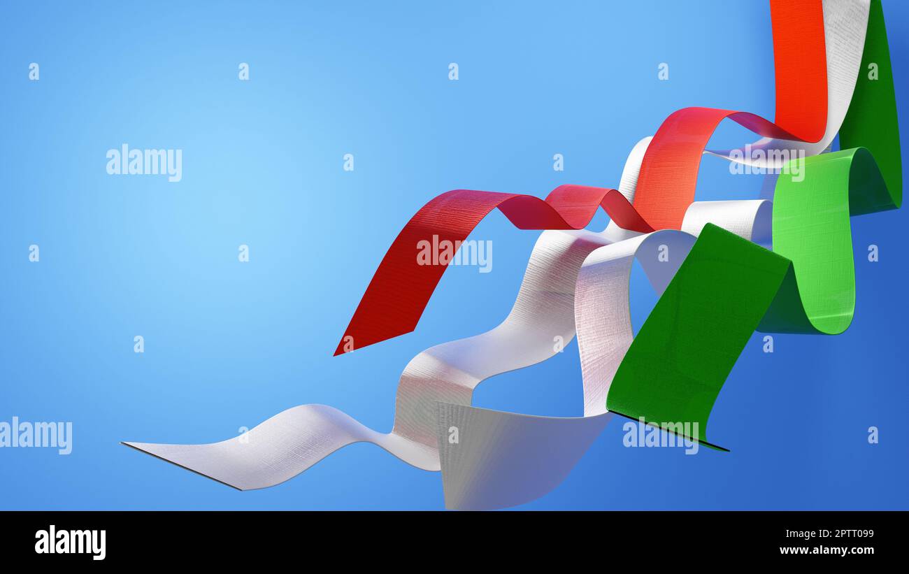 Energetic, dynamic design background. Red white and green ribbons ...
