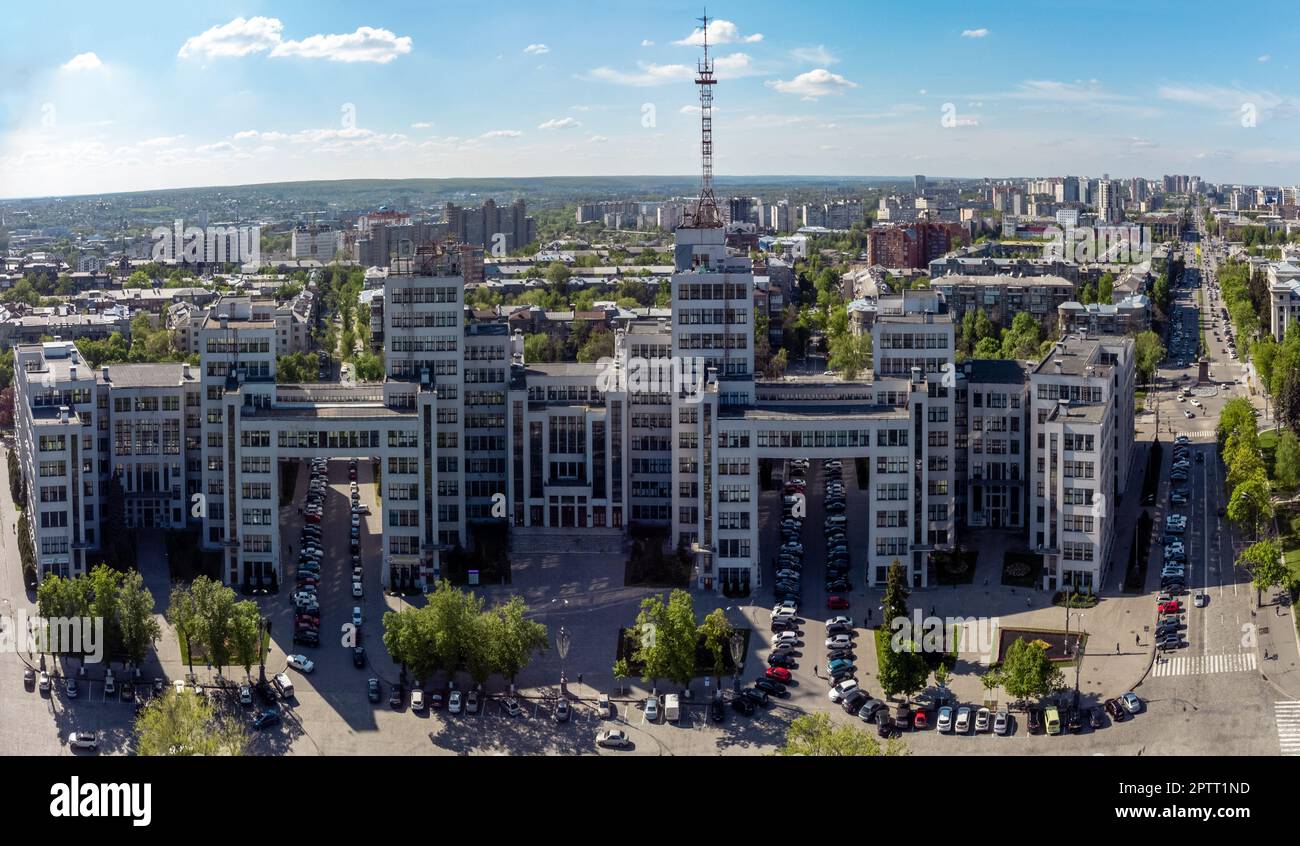 Aerial view on Derzhprom building and streets with blue sky cloudscape ...