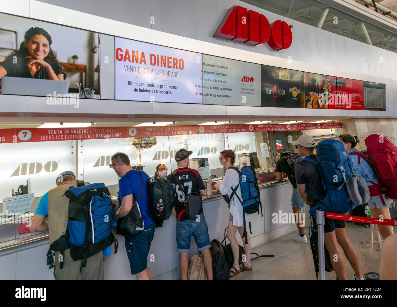 Ticket booths at ADO bus terminal downtown city centre, Cancun ...
