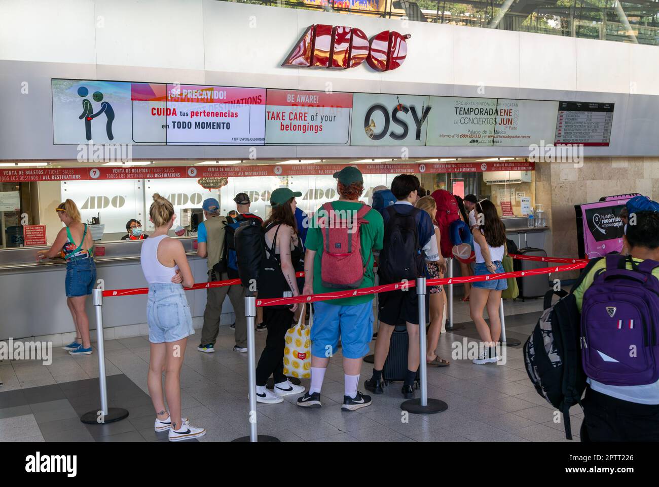 Ticket booths at ADO bus terminal downtown city centre, Cancun ...