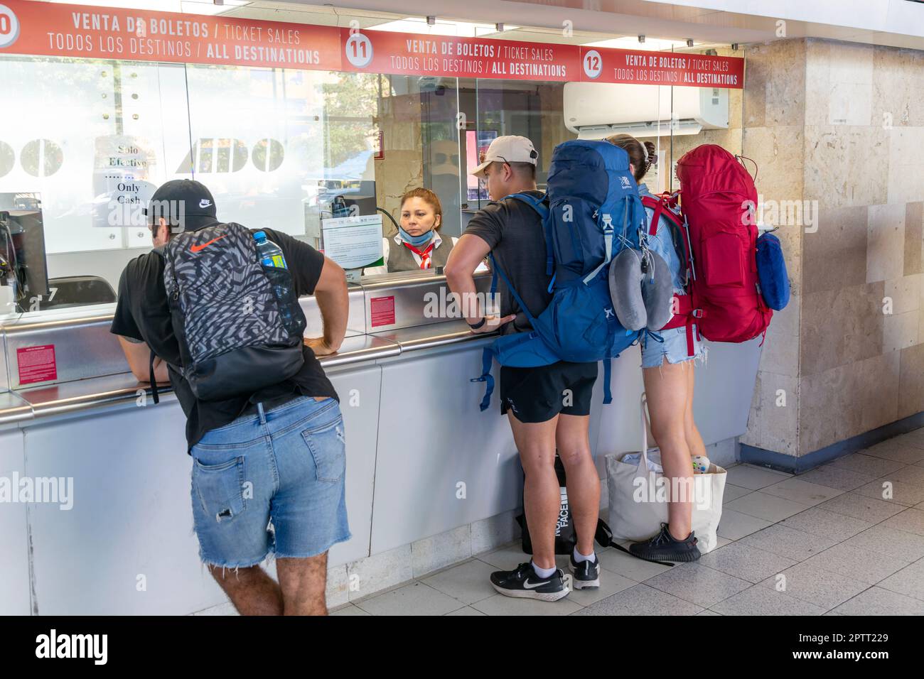 Ticket booths at ADO bus terminal downtown city centre, Cancun ...