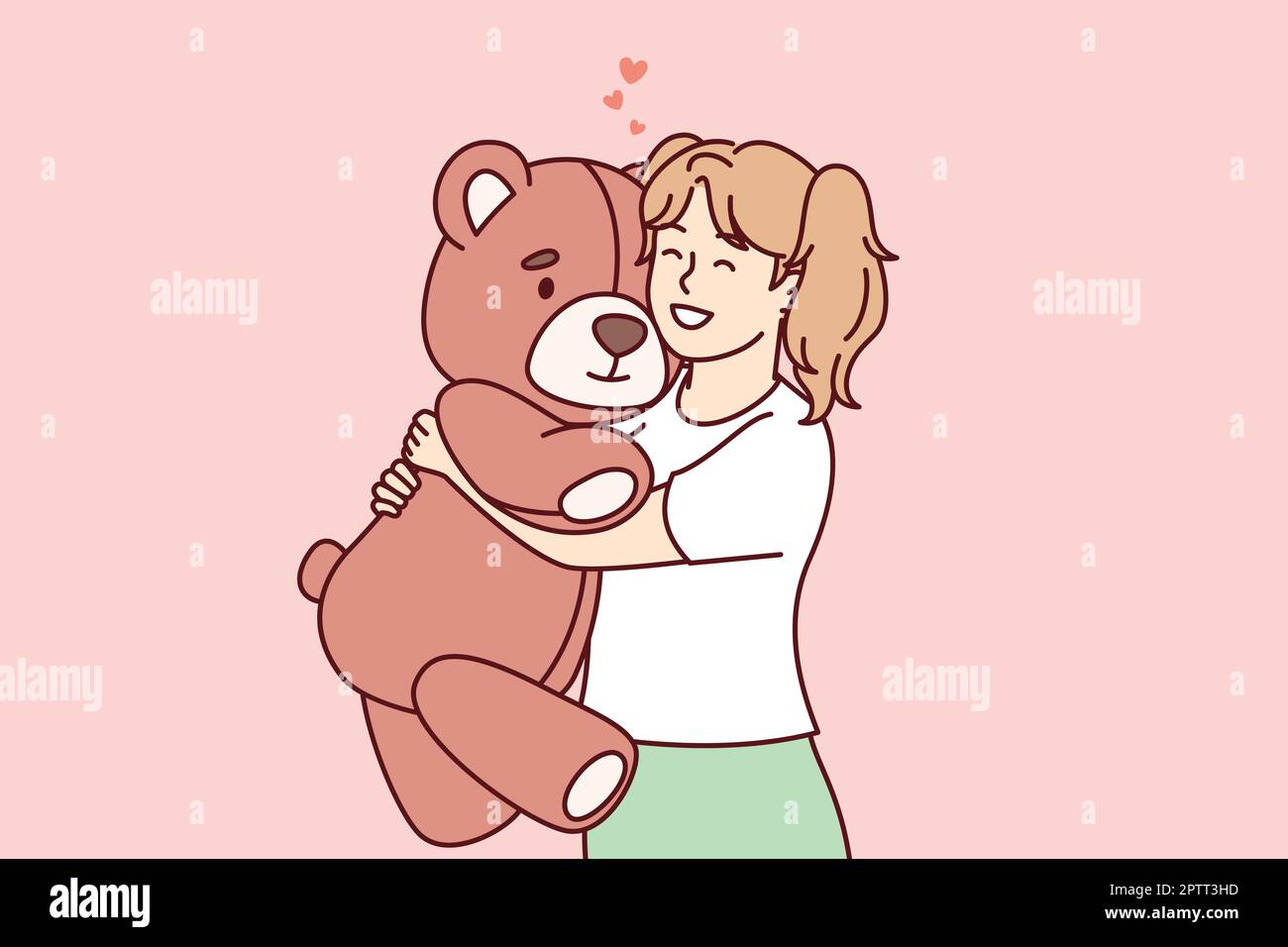 Little girl hugs big favorite soft toy and smiles feeling affection of ...
