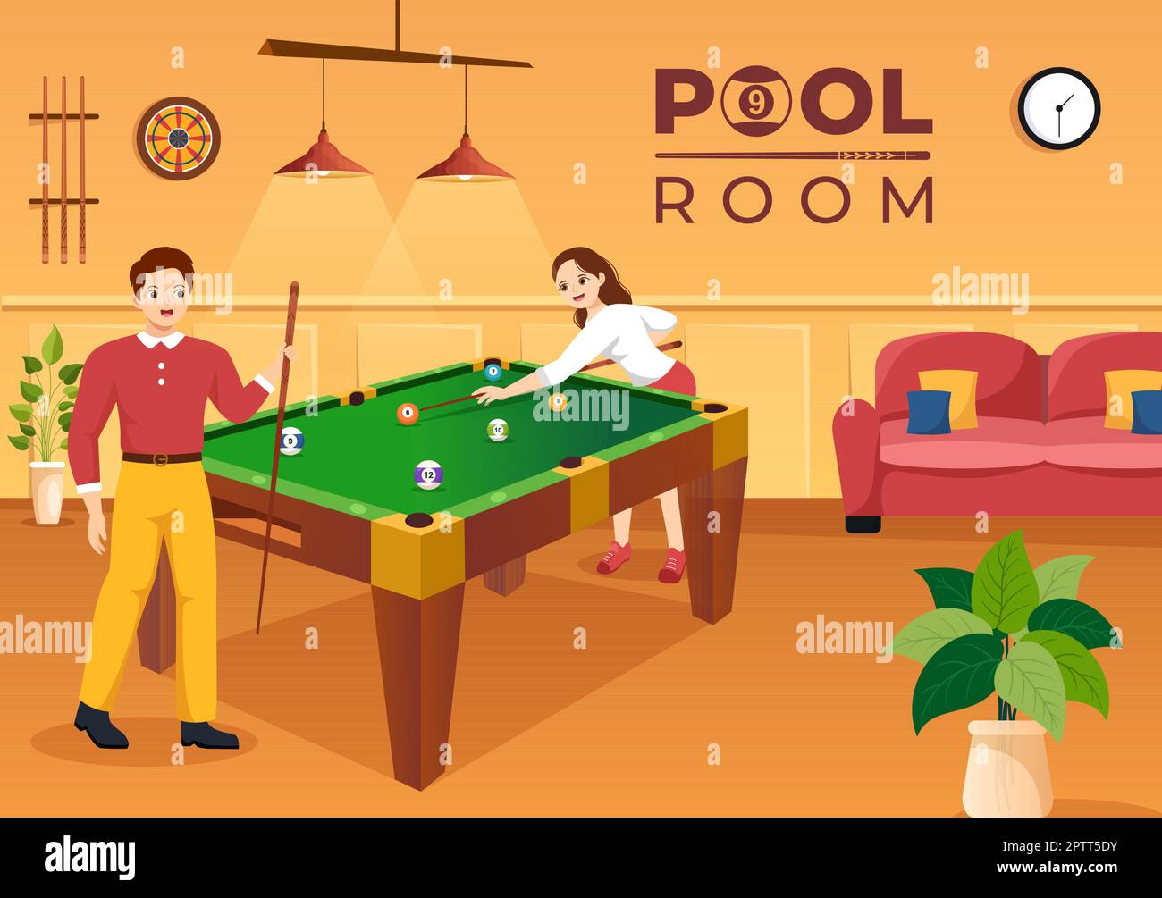Billiards Game Illustration with Player Pool Room with Stick, Table and ...