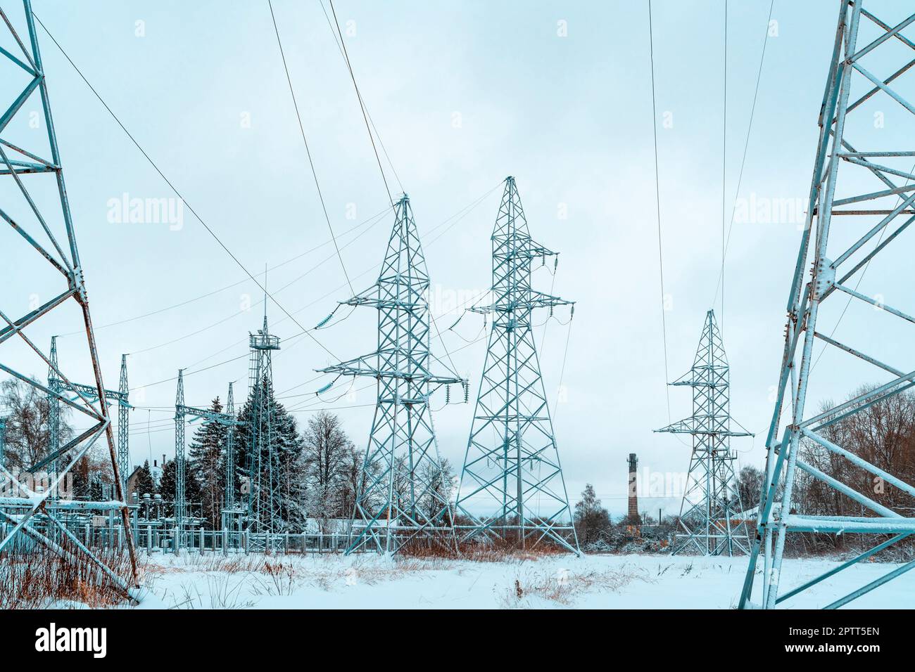 High voltage power lines in the winter. Winter landscape Stock Photo ...