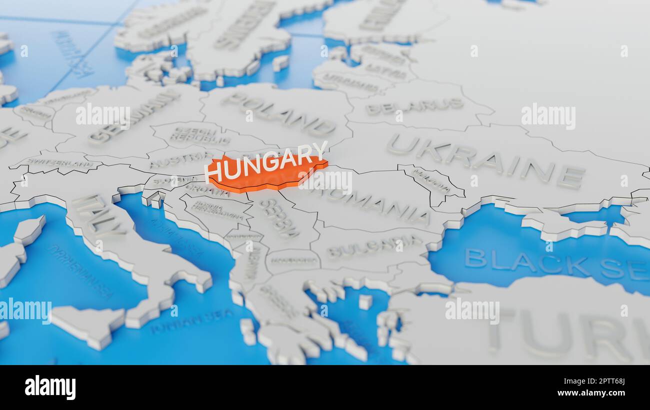 Hungary highlighted on a white simplified 3D world map. Digital 3D ...