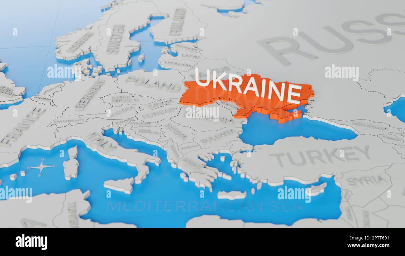 Ukraine highlighted on a white simplified 3D world map. Digital 3D ...
