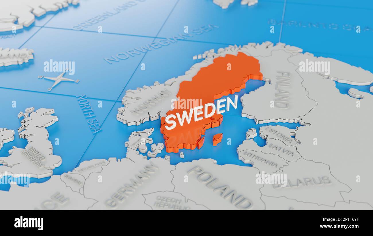 Sweden highlighted on a white simplified 3D world map. Digital 3D ...