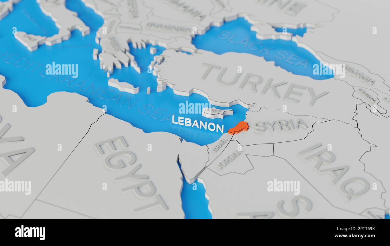 Lebanon highlighted on a white simplified 3D world map. Digital 3D ...