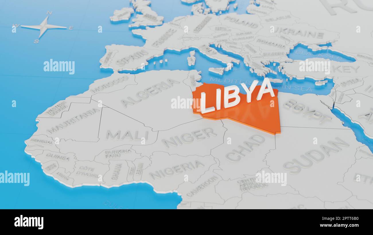 Libya highlighted on a white simplified 3D world map. Digital 3D render ...
