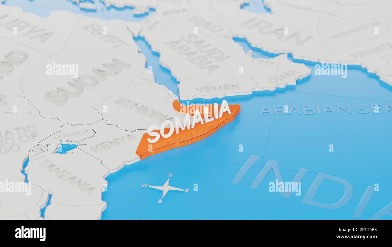 Somalia highlighted on a white simplified 3D world map. Digital 3D ...