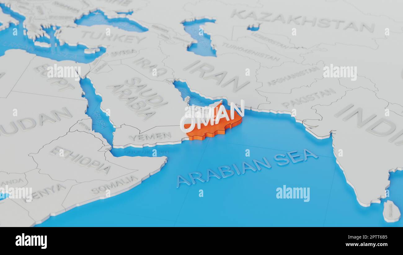 Oman highlighted on a white simplified 3D world map. Digital 3D render ...