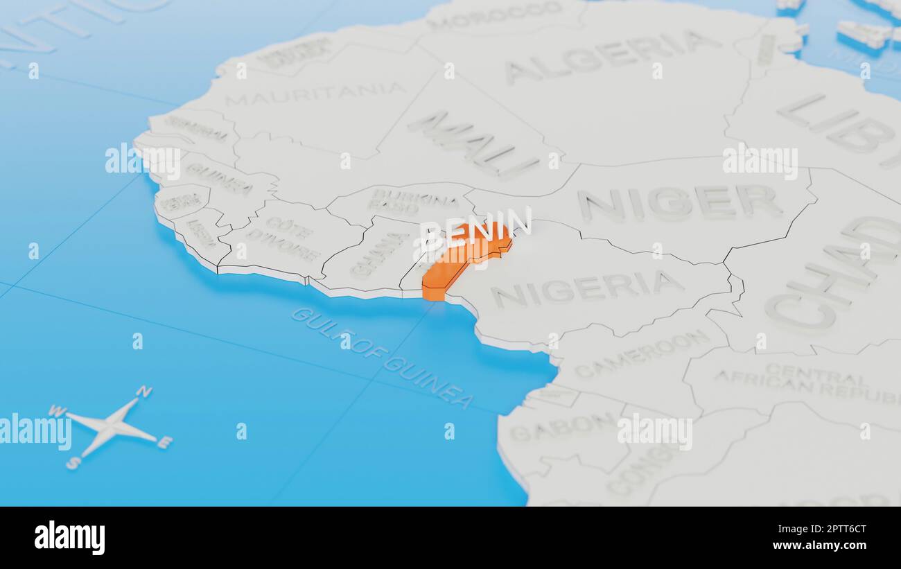 Benin highlighted on a white simplified 3D world map. Digital 3D render ...