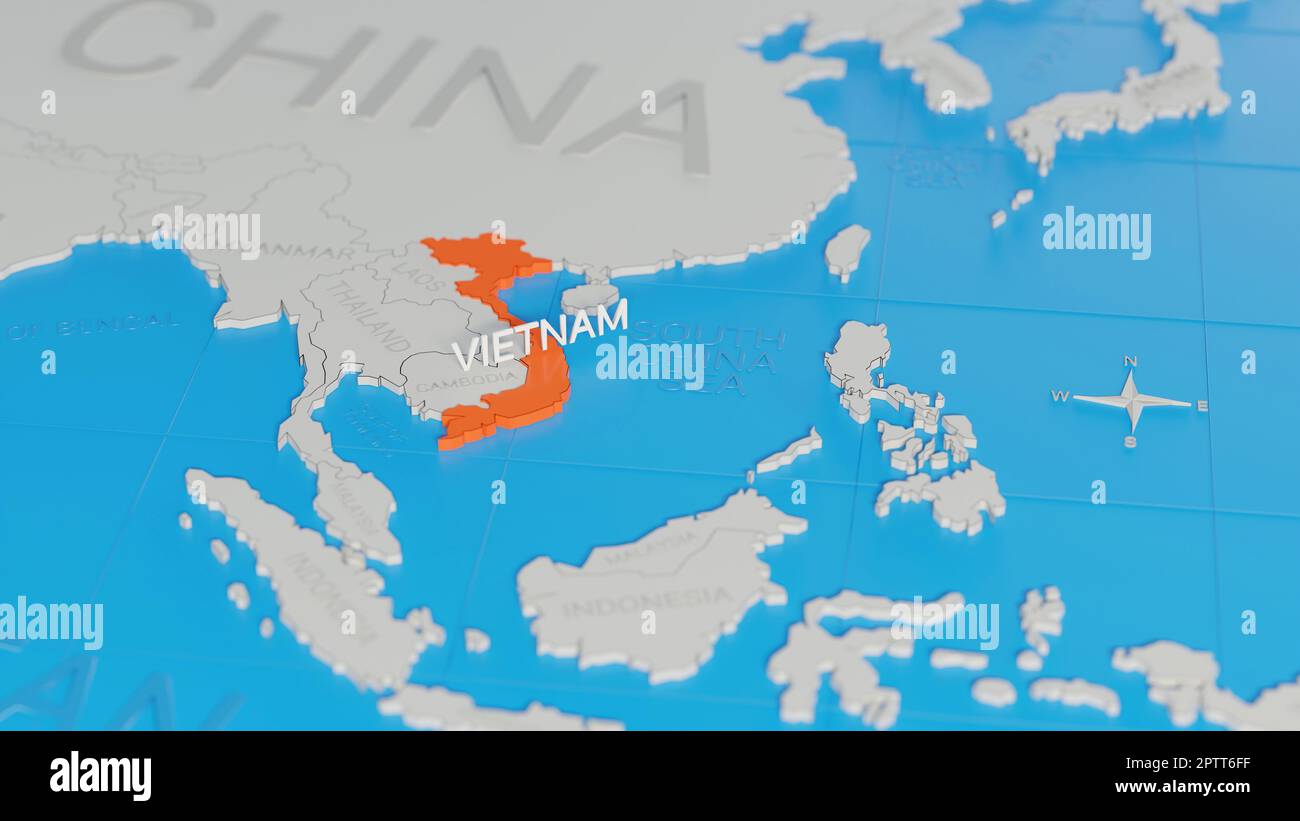 Vietnam highlighted on a white simplified 3D world map. Digital 3D ...