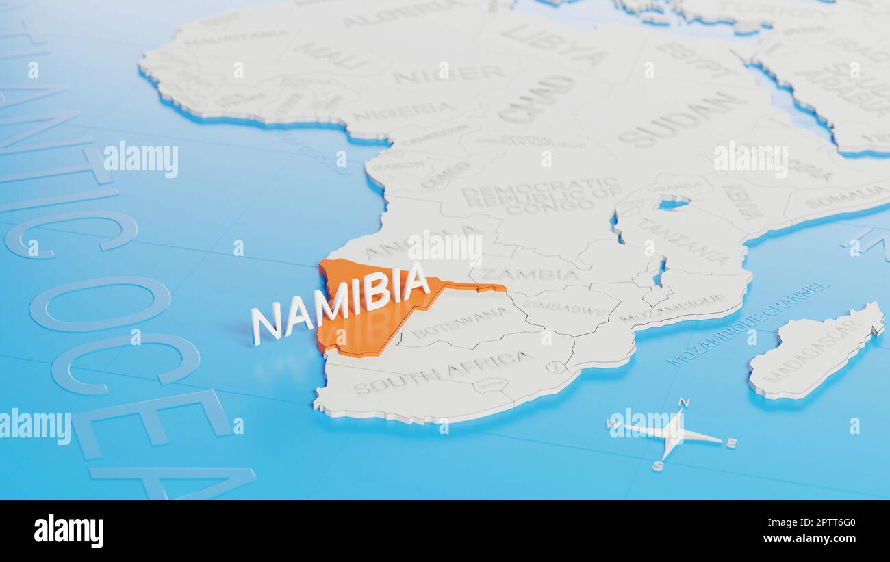 Namibia highlighted on a white simplified 3D world map. Digital 3D ...