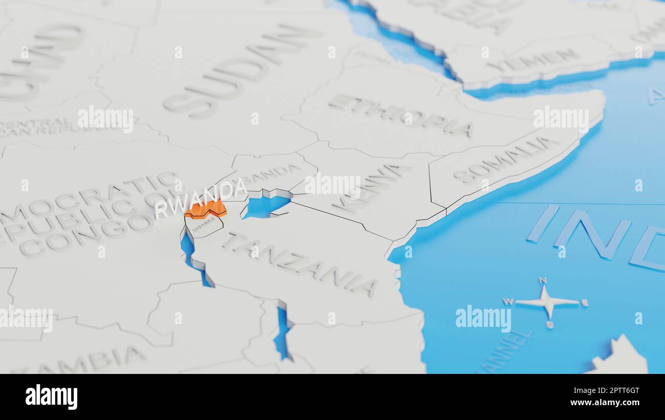 Rwanda highlighted on a white simplified 3D world map. Digital 3D ...