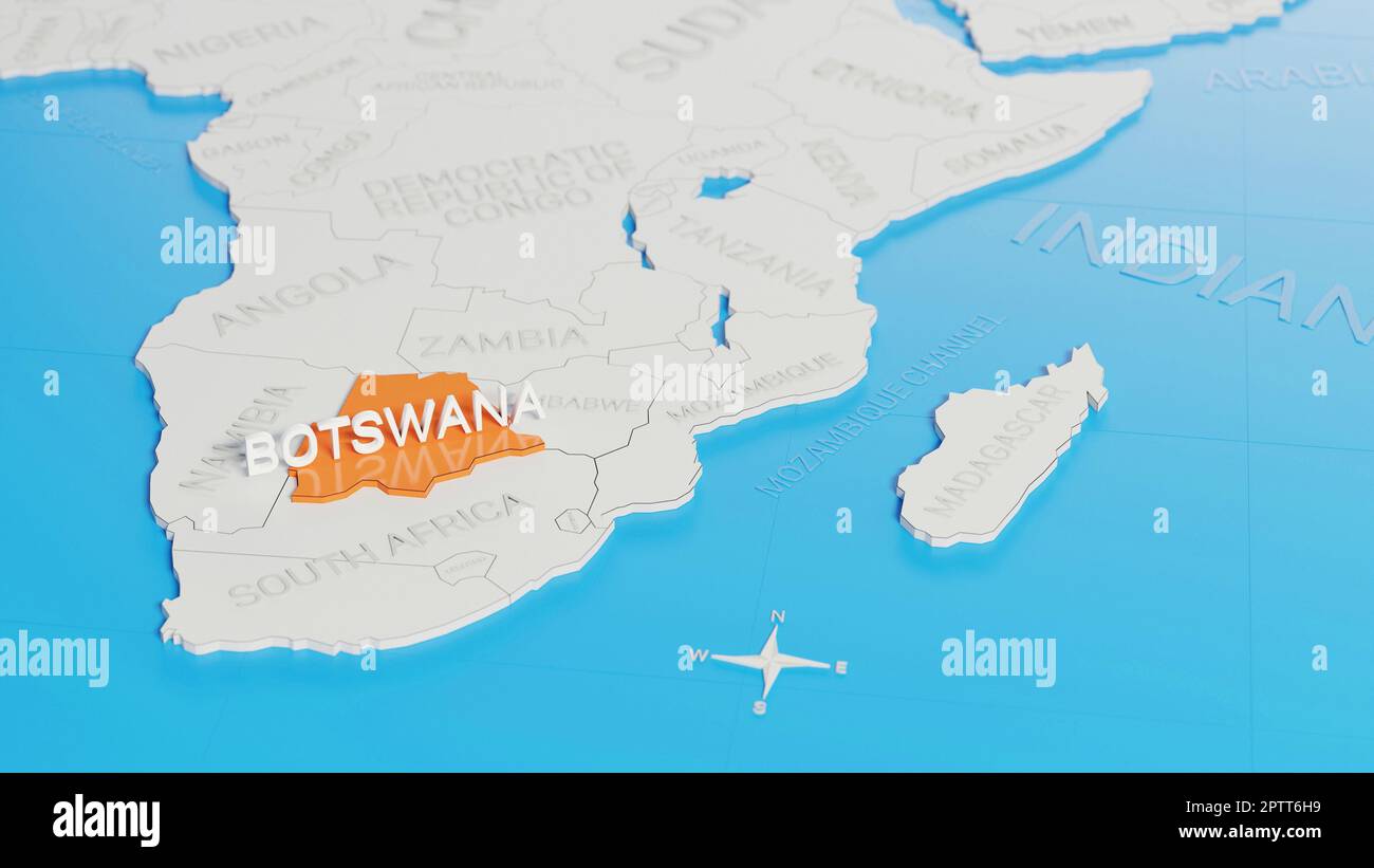 Botswana highlighted on a white simplified 3D world map. Digital 3D ...
