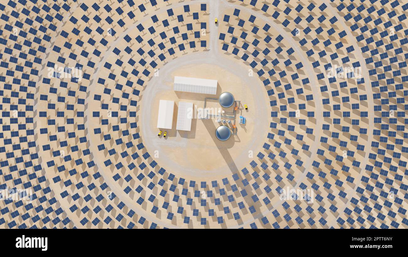 Solar thermal energy plant with a circular array of collectors. Clean ...