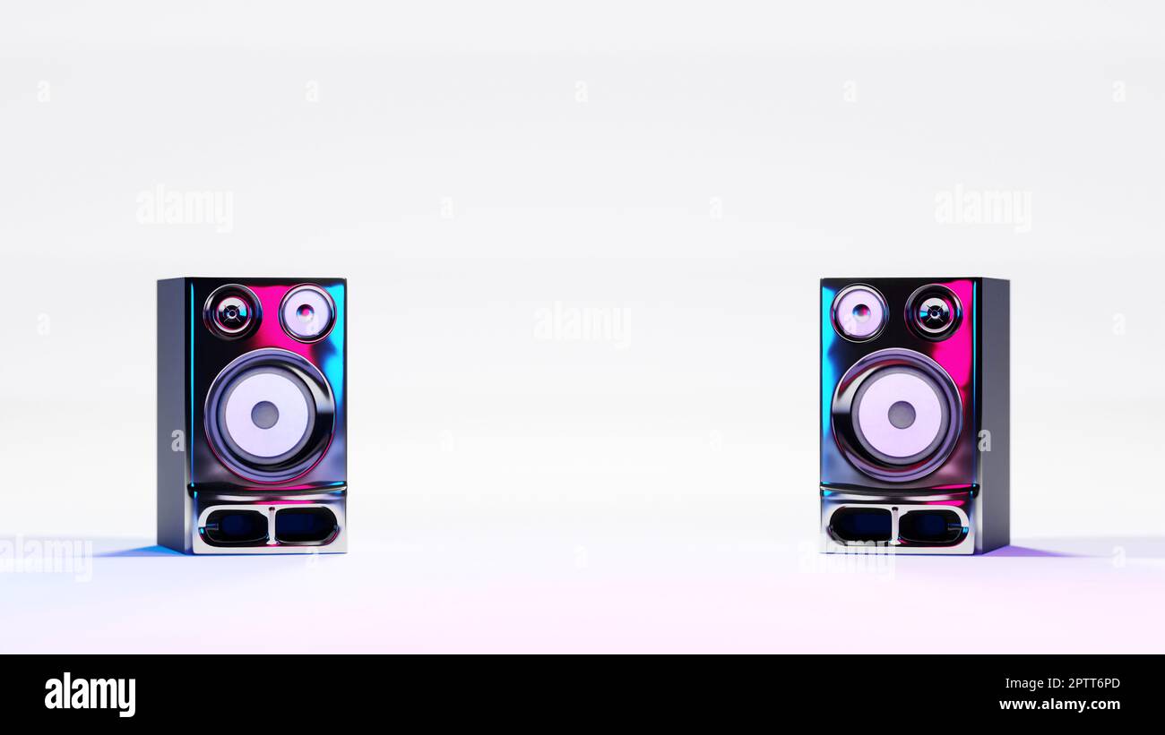 High fidelity stereo loudspeakers on white background and neon lights ...
