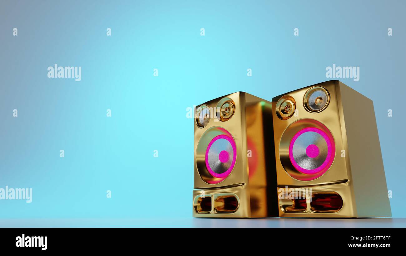 Golden bling loudspeakers on light blue background. Pop music, party ...