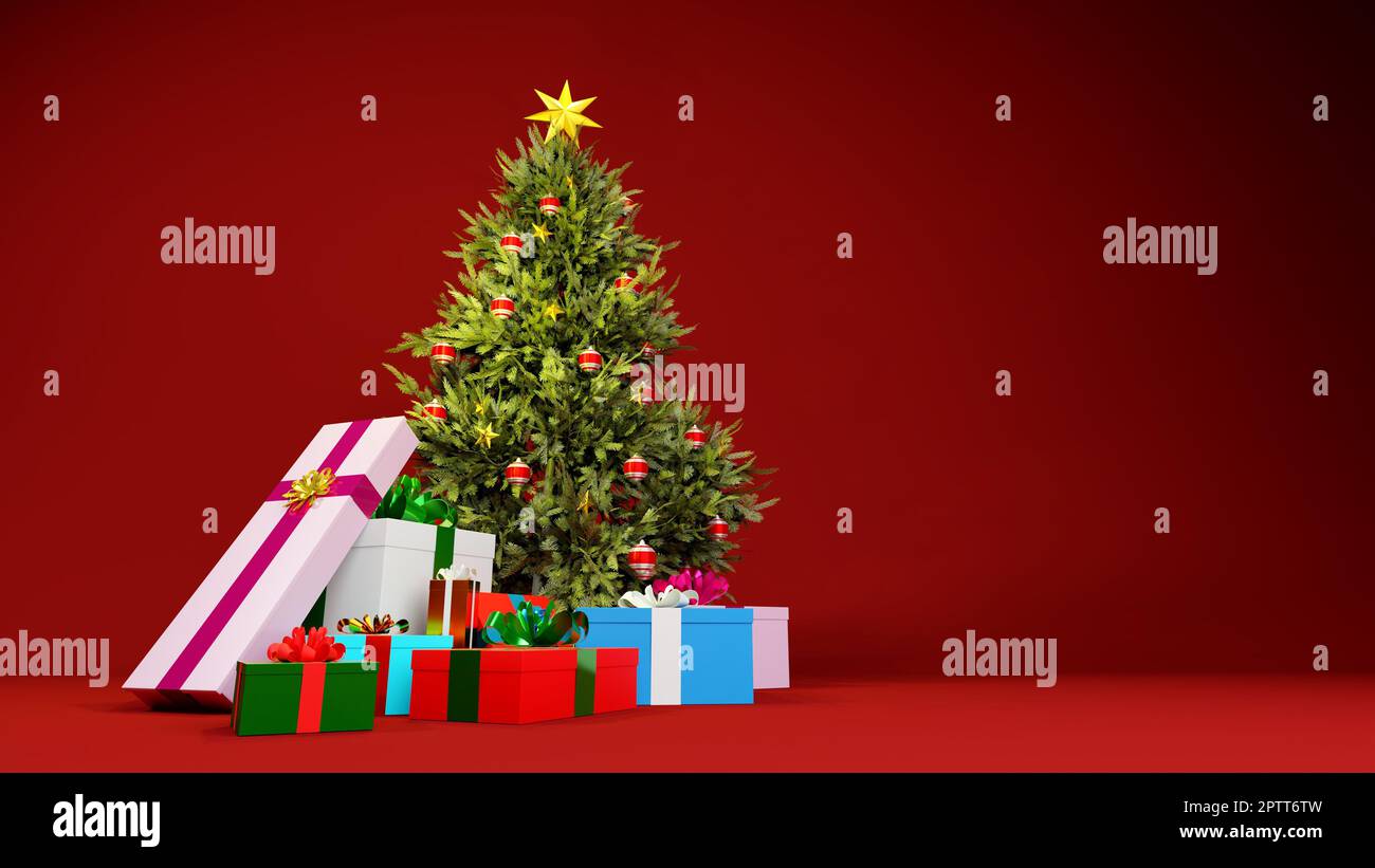 Christmas concept backdrop. Christmas tree with gift boxes on red ...