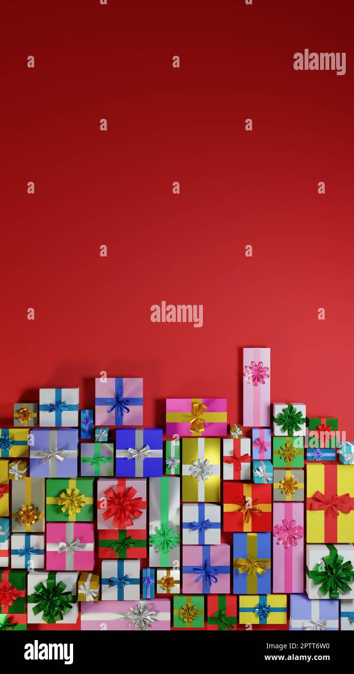 Gift boxes on red background. Flat lay, top down vertical design ...